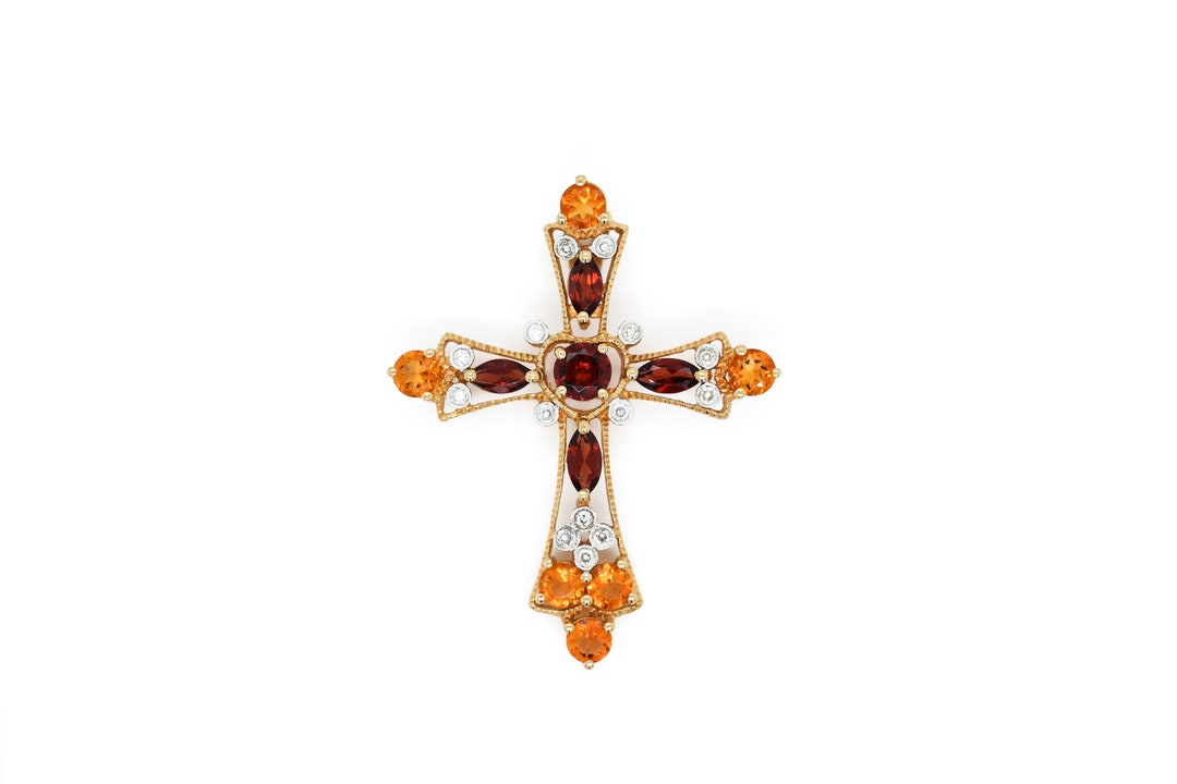 14k Yellow Gold John C Rinker Garnet and Citrine Cross Pendant, 14k ...