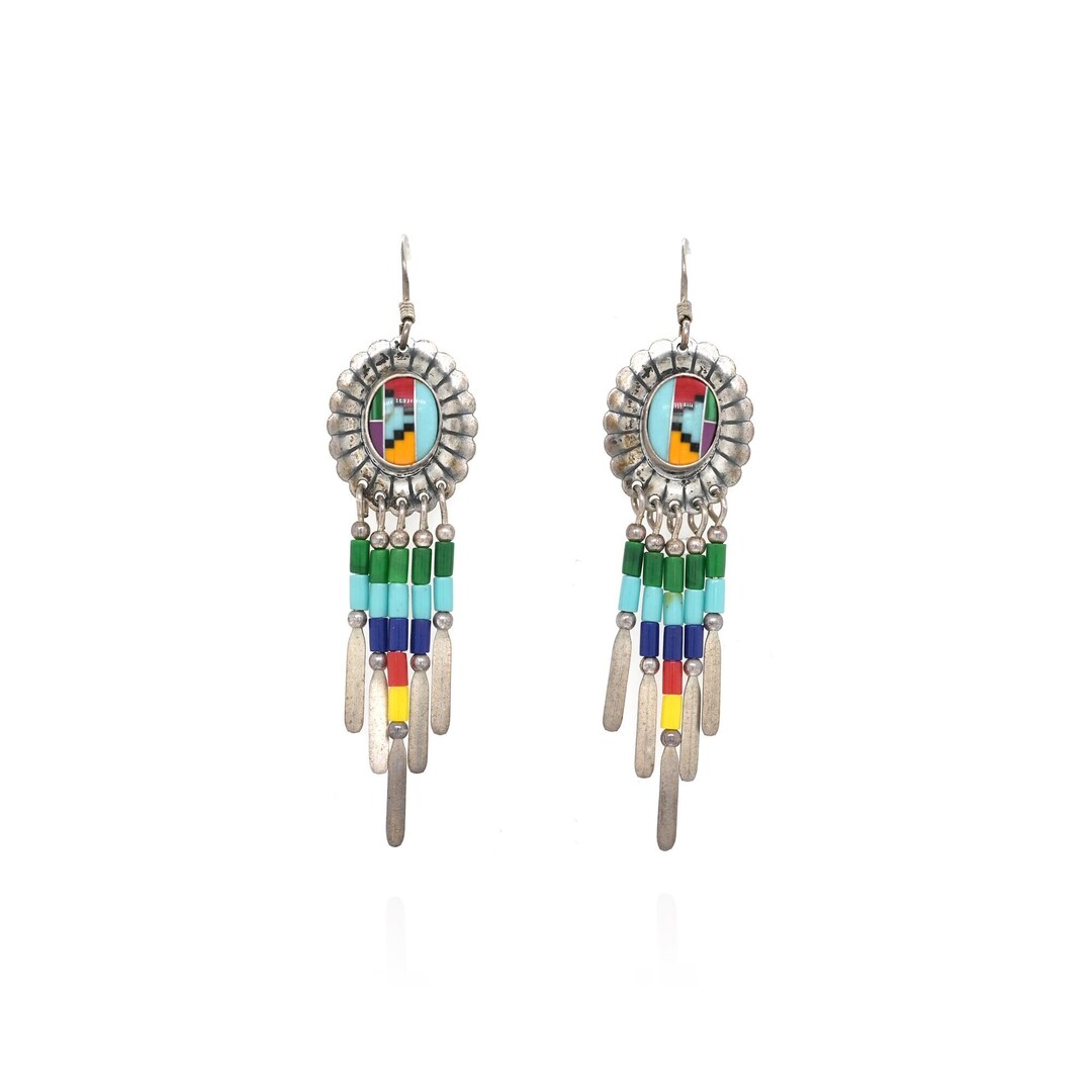 Sterling Silver Native American Rainbow Beaded Fringe Earrings, Native ...