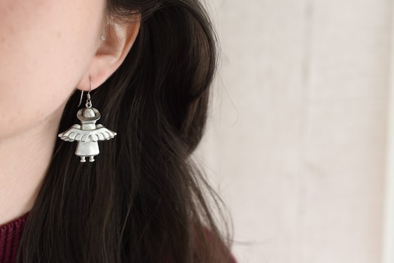 Sterling Dangle Angel Earrings Christmas Earrings 925 Silver Vintage Holiday Jewelry Guardian Angel Memorial Earrings Etsy