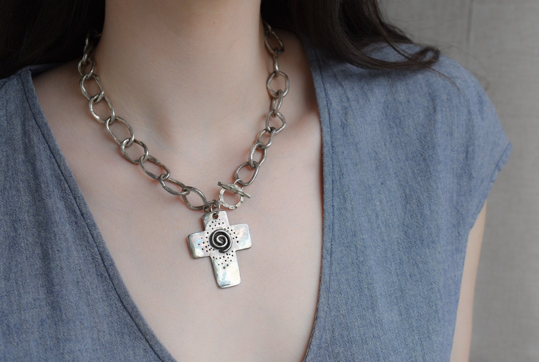 999 Fine Silver Designer DORIS KING Rustic Cross Necklace, Rustic ...