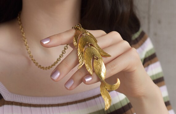 Estate Jewerly Golden Tone Large Fish Necklace. Artistic. Unique ...