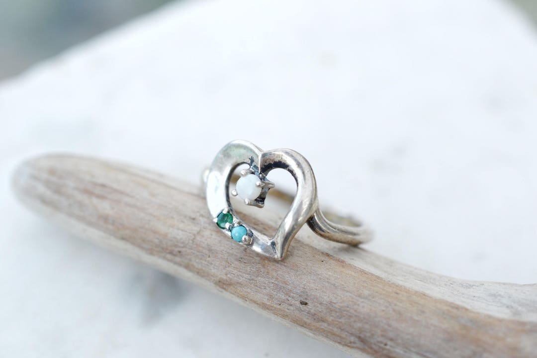 Sterling Silver Lenox Open Heart Ring With Opal Turquoise and Emerald ...