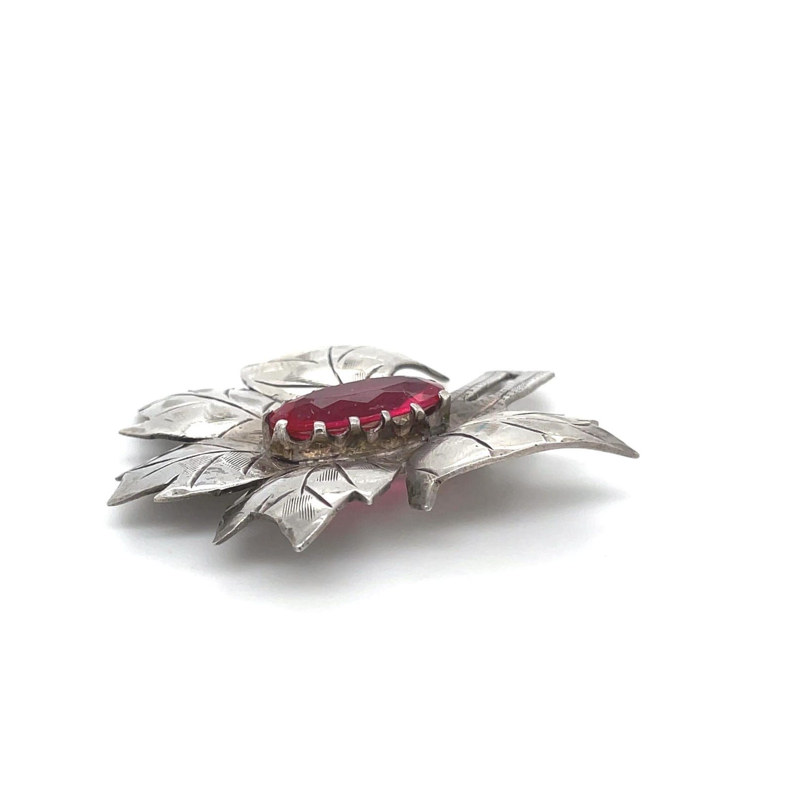Sterling Silver and Fuschia Glass Stone Leaf Floral Brooch Pin, Antique ...
