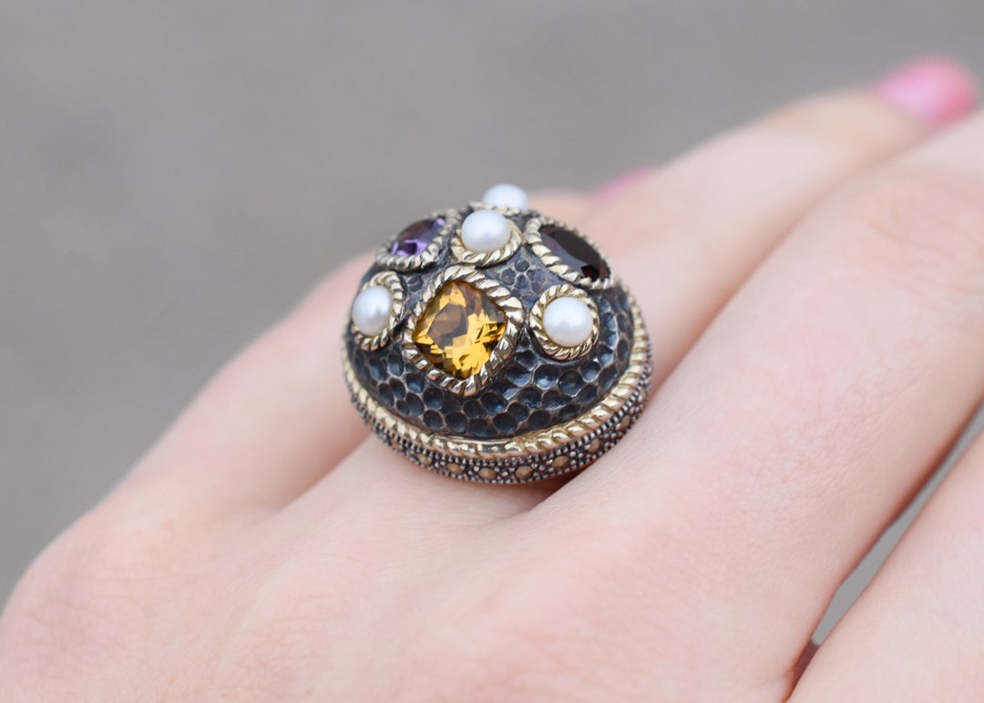Sterling Silver JUDITH JACK Marcasite Pearl Gemstone Dome Ring ...