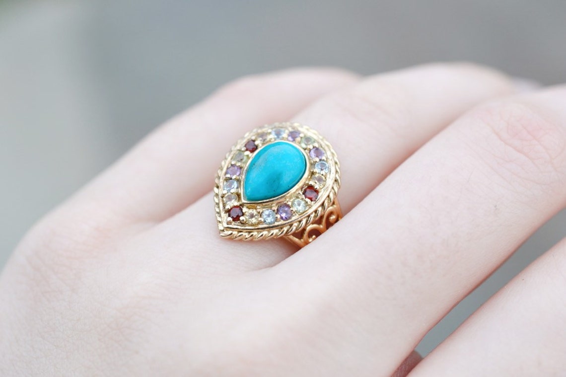Sterling Silver Gold Overlay Turquoise Teardrop Ring - Etsy