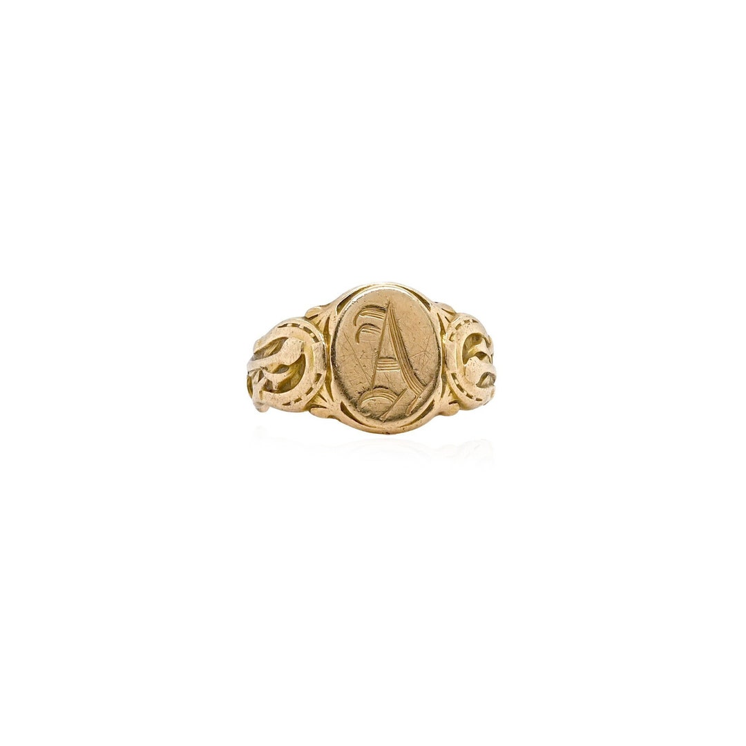 14k Yellow Gold Antique Engraved Initial A Signet Ring, Lucky Signet ...