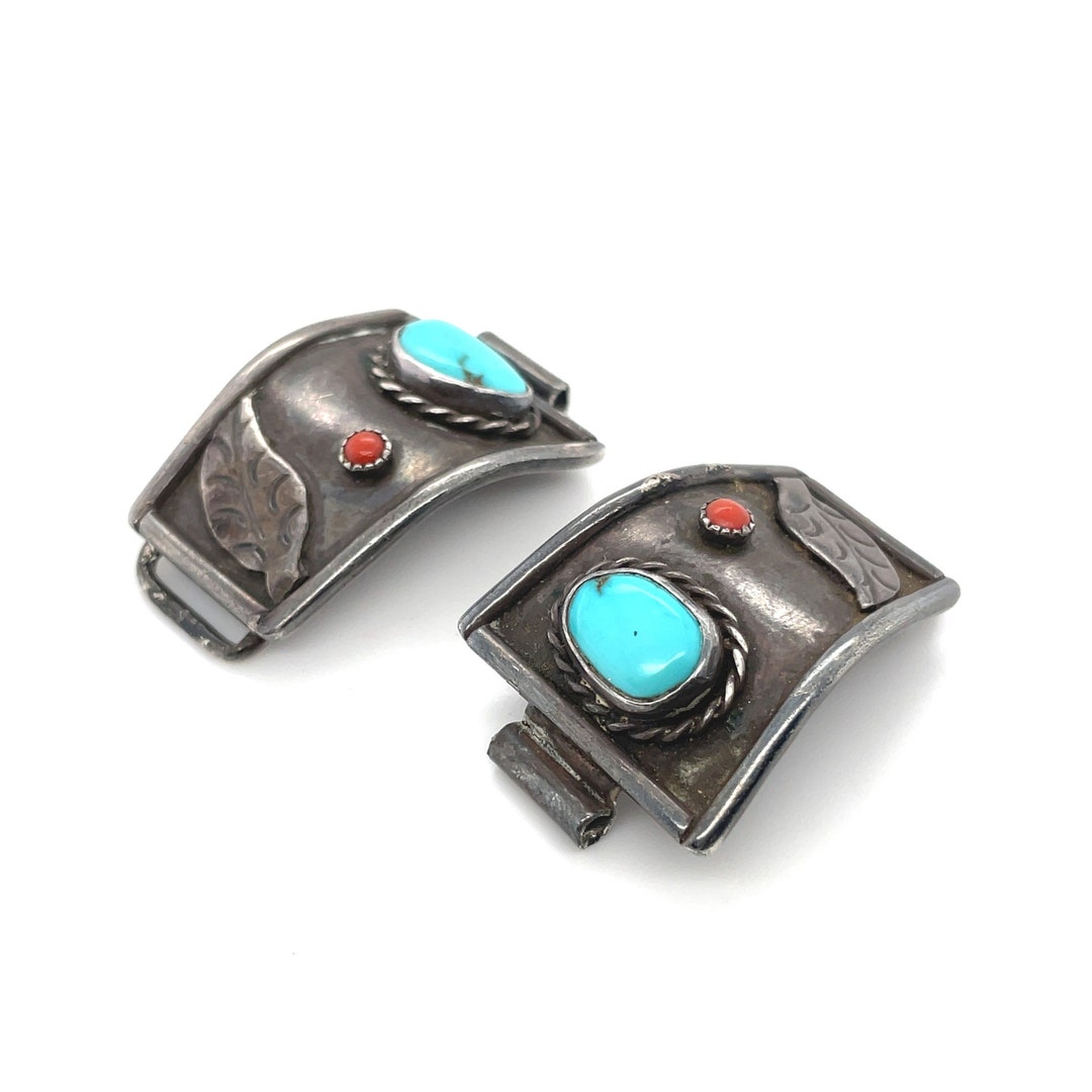 Sterling Turquoise and Coral Native American Watch Tips, Turquoise and ...