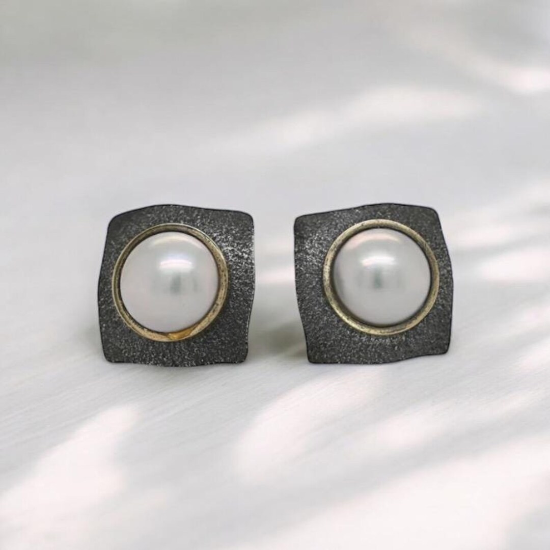 RARE Sterling Silver 18k Gold Designer PAT FLYNN Mabe Pearl Earrings ...