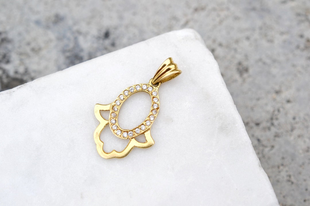 14k Yellow Gold Hand of God Hamsa Pendant, Yellow Gold CZ Hamsa, Evil ...