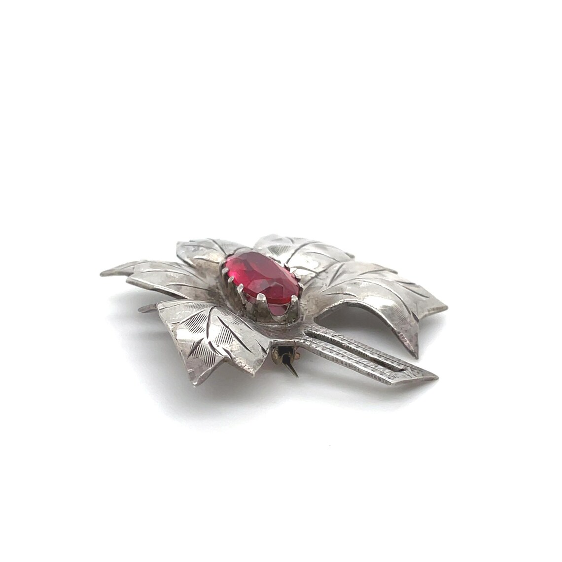 Sterling Silver and Fuschia Glass Stone Leaf Floral Brooch Pin, Antique ...