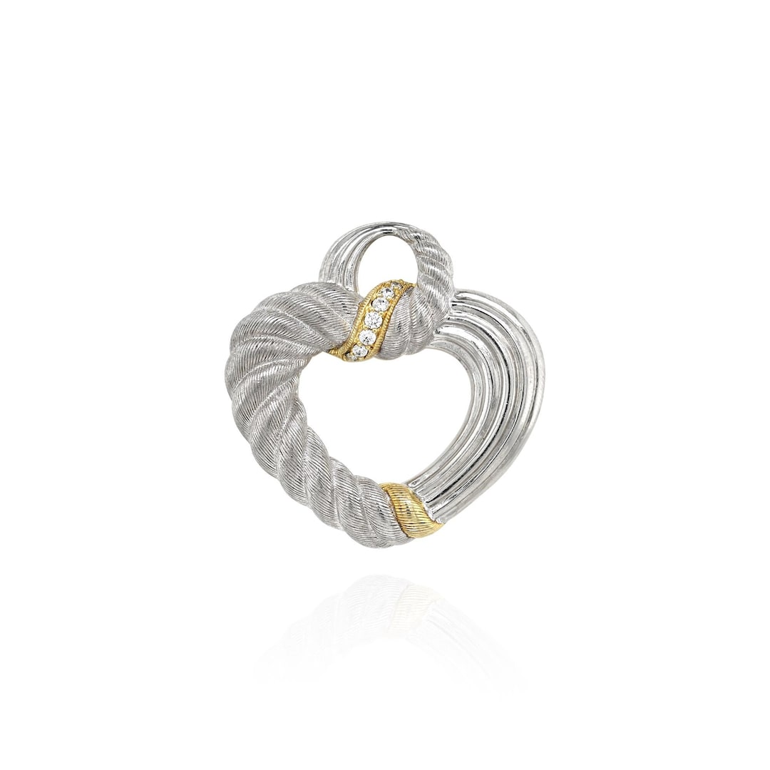 Sterling Silver Designer Judith RIPKA Pave CZ Open Heart Pendant ...