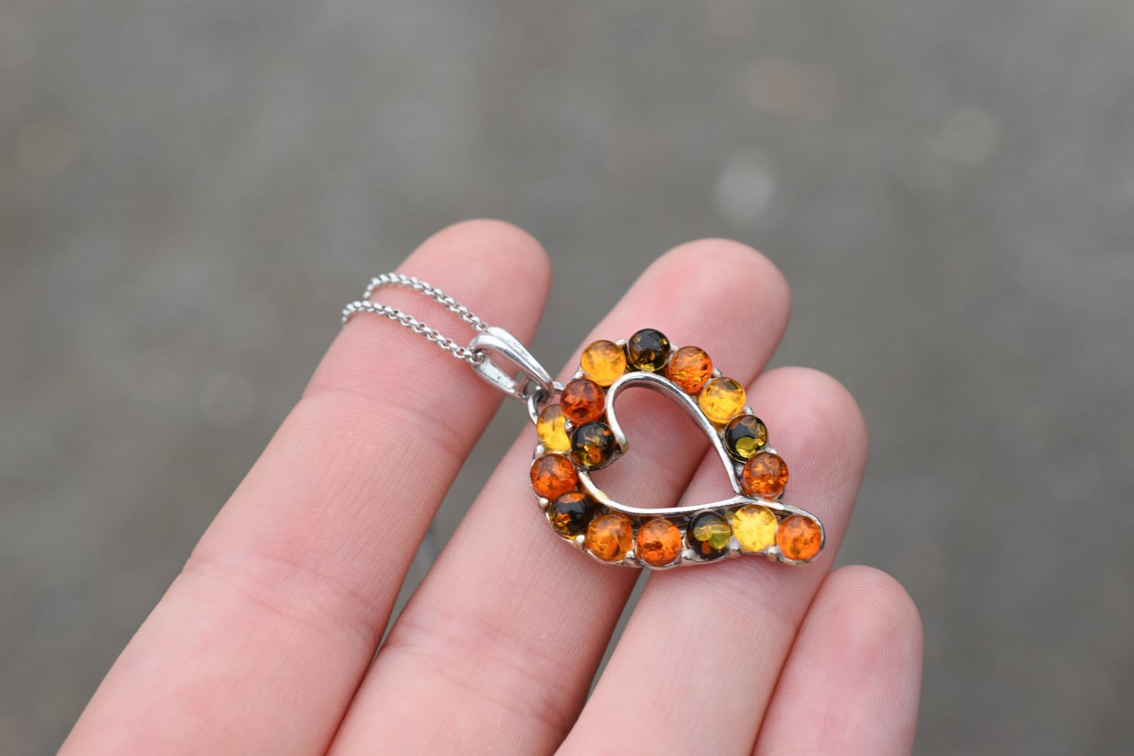 Sterling Silver Multicolored Amber Heart Necklace, Sterling Silver ...