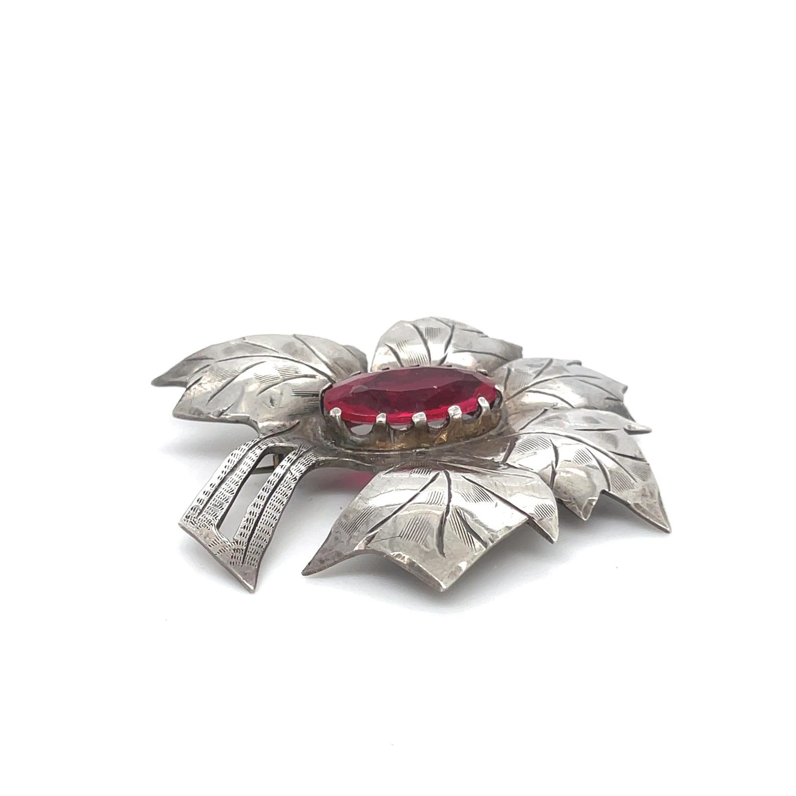 Sterling Silver and Fuschia Glass Stone Leaf Floral Brooch Pin, Antique ...