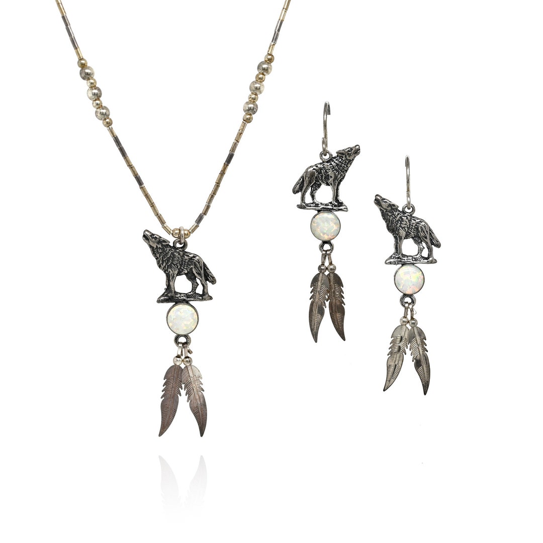 Sterling Silver Howling Wolf Opal Necklace and Earring Set, Wolf ...