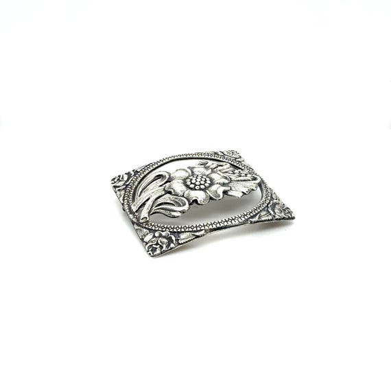 Sterling Silver Rectangular Flower Brooch, Flower Pin… - Gem
