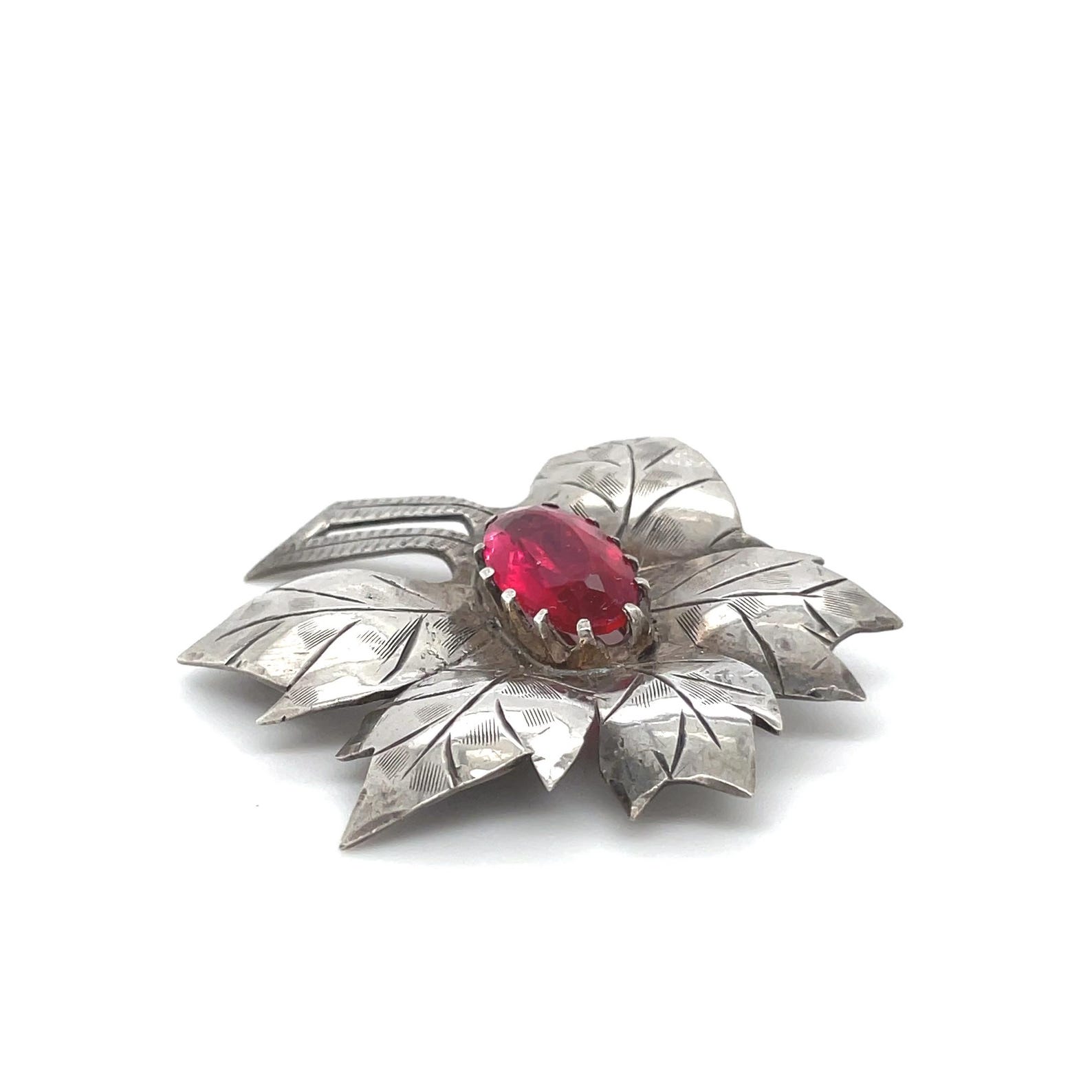 Sterling Silver and Fuschia Glass Stone Leaf Floral Brooch Pin, Antique ...