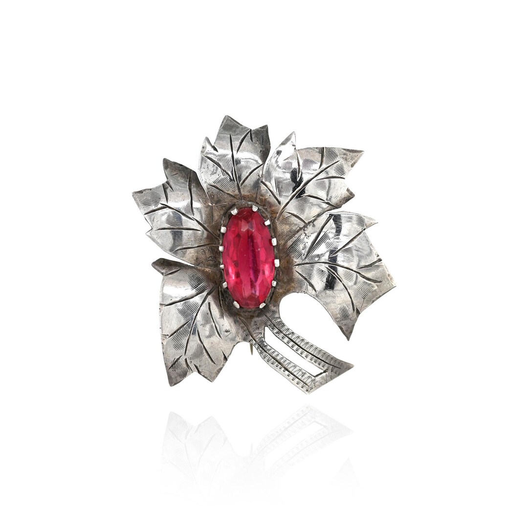 Sterling Silver and Fuschia Glass Stone Leaf Floral Brooch Pin, Antique ...