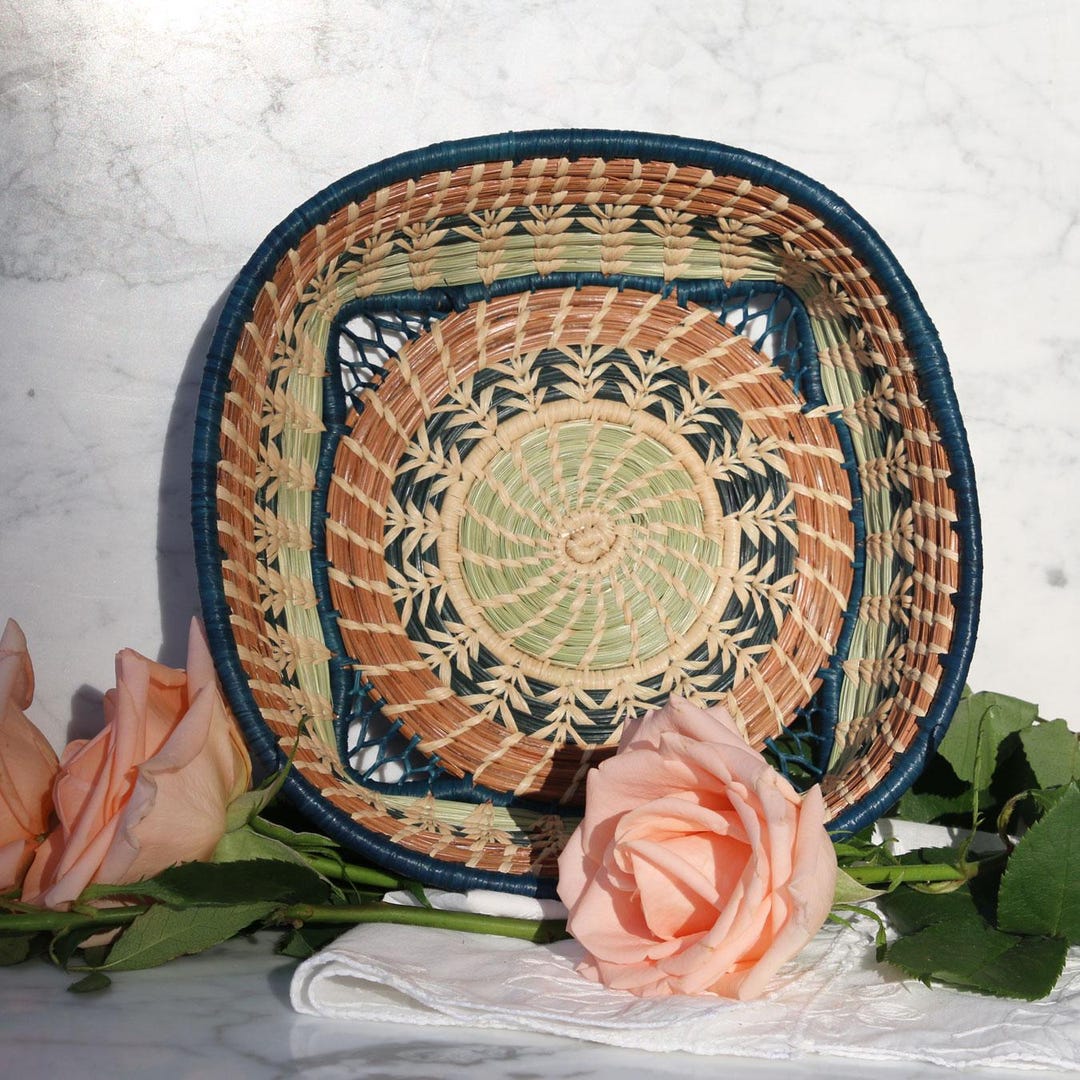 Micaela Basket With Handwoven Mint and Pine Green Detail - Etsy