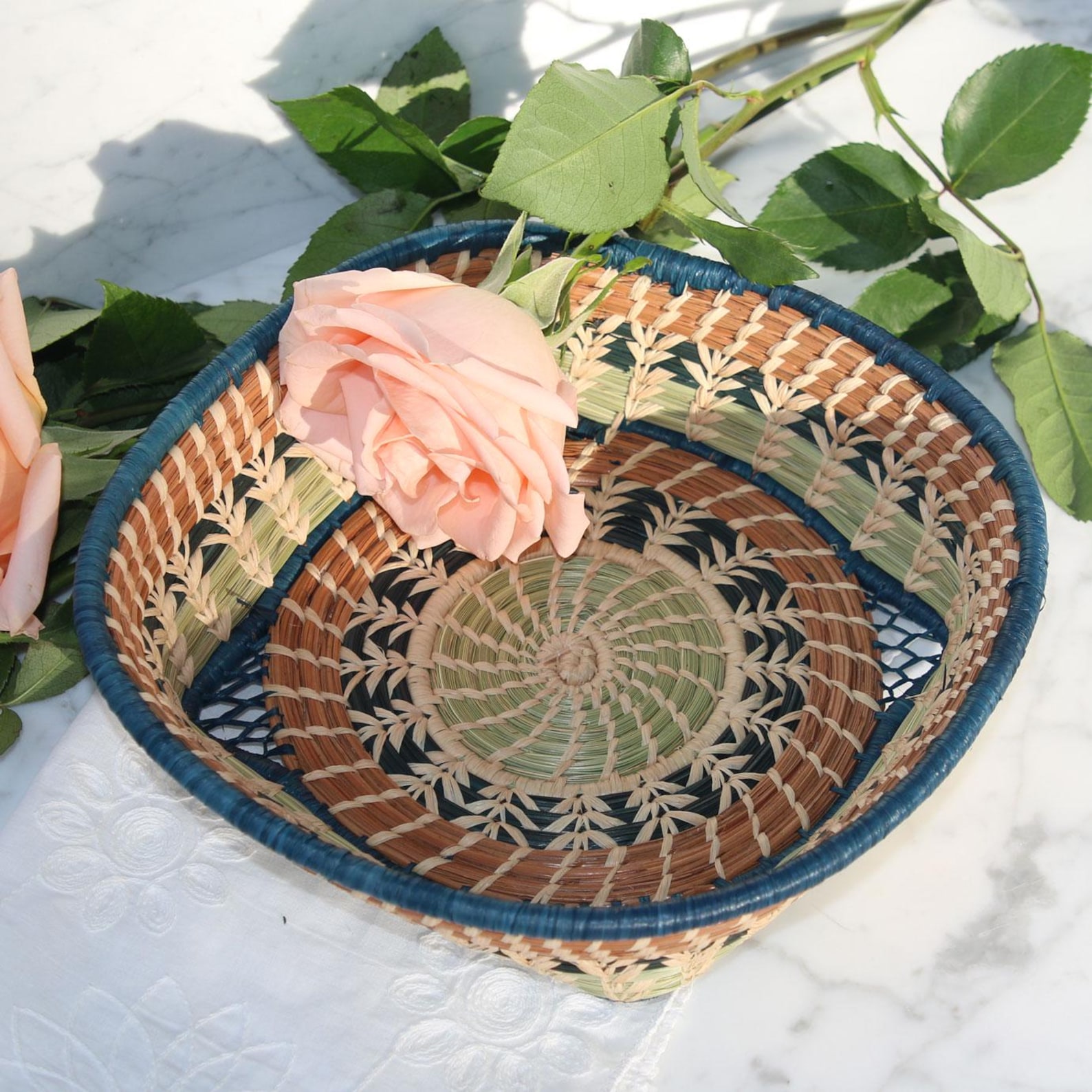 Micaela Basket With Handwoven Mint and Pine Green Detail - Etsy