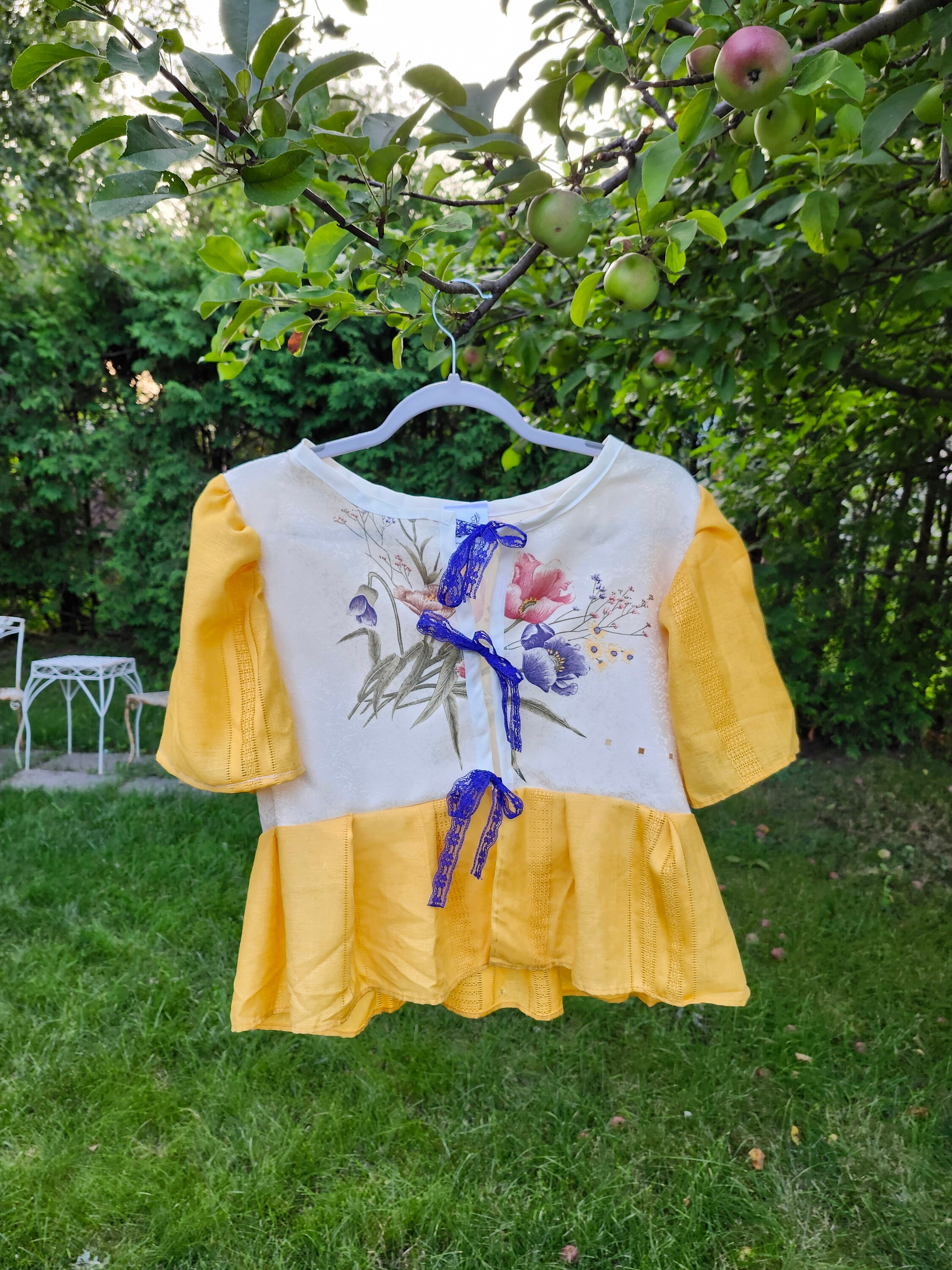 Upcycled Tie up Peplum Blouse Made From Repurposed Tablecloths. Size ...