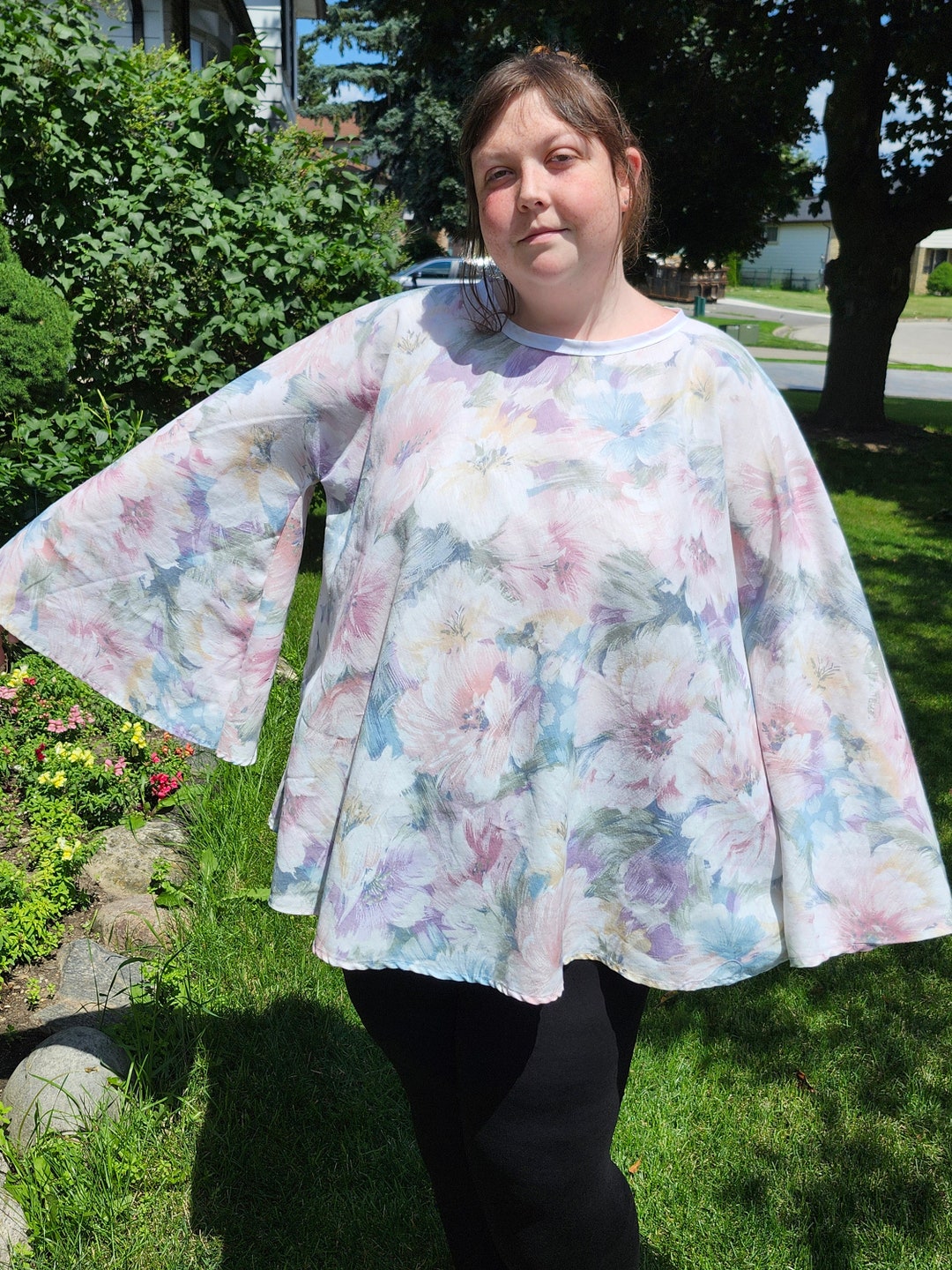 Upcycled Repurposed Floral Tablecloth Blouse With Bell Sleeves. Size 5X ...