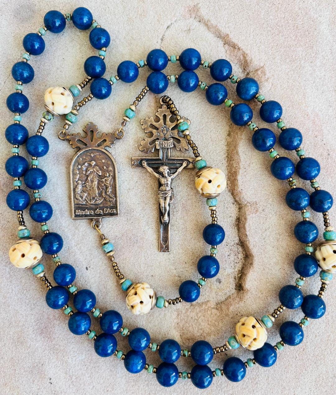 Our Lady Undoer of Knots, LXII Lapis Lazuli Rosary, Hand Carved Bone ...