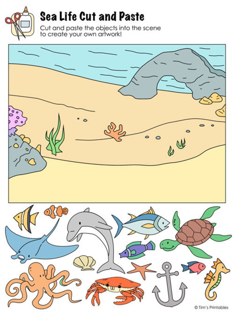 Sea Life Cut and Paste Activity and Coloring Pages 24 Printables PDF - Etsy