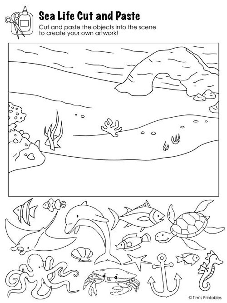 Sea Life Cut and Paste Activity and Coloring Pages 24 Printables PDF - Etsy