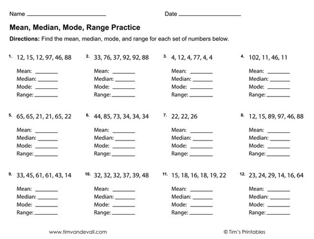 Mean Median Mode Range Worksheets PDF 3 Printable Worksheets Etsy UK