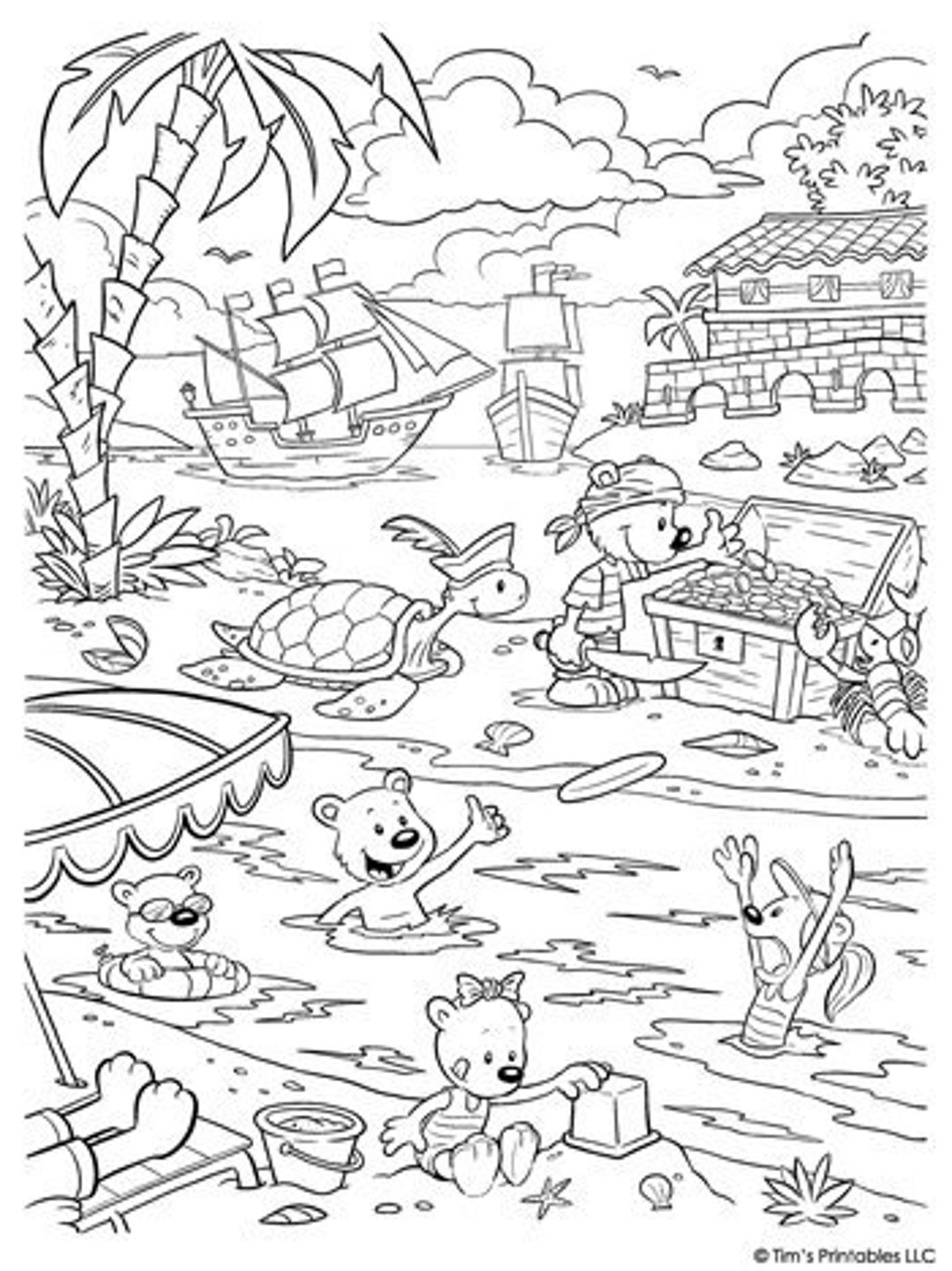 Beach Bears Coloring Page PDF - Etsy