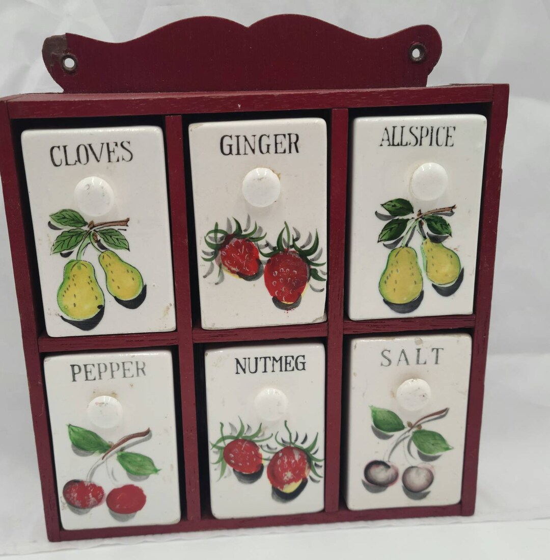 Vintage Retro Spice Rack Jars Ceramic Wood Fruit Mid Century - Etsy
