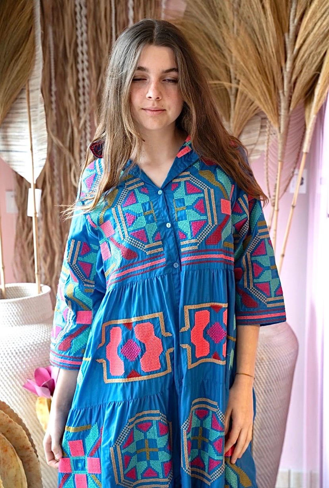 Long Blue Boho Shirt Dress With Neon Embroidery and Short Sleeves ...