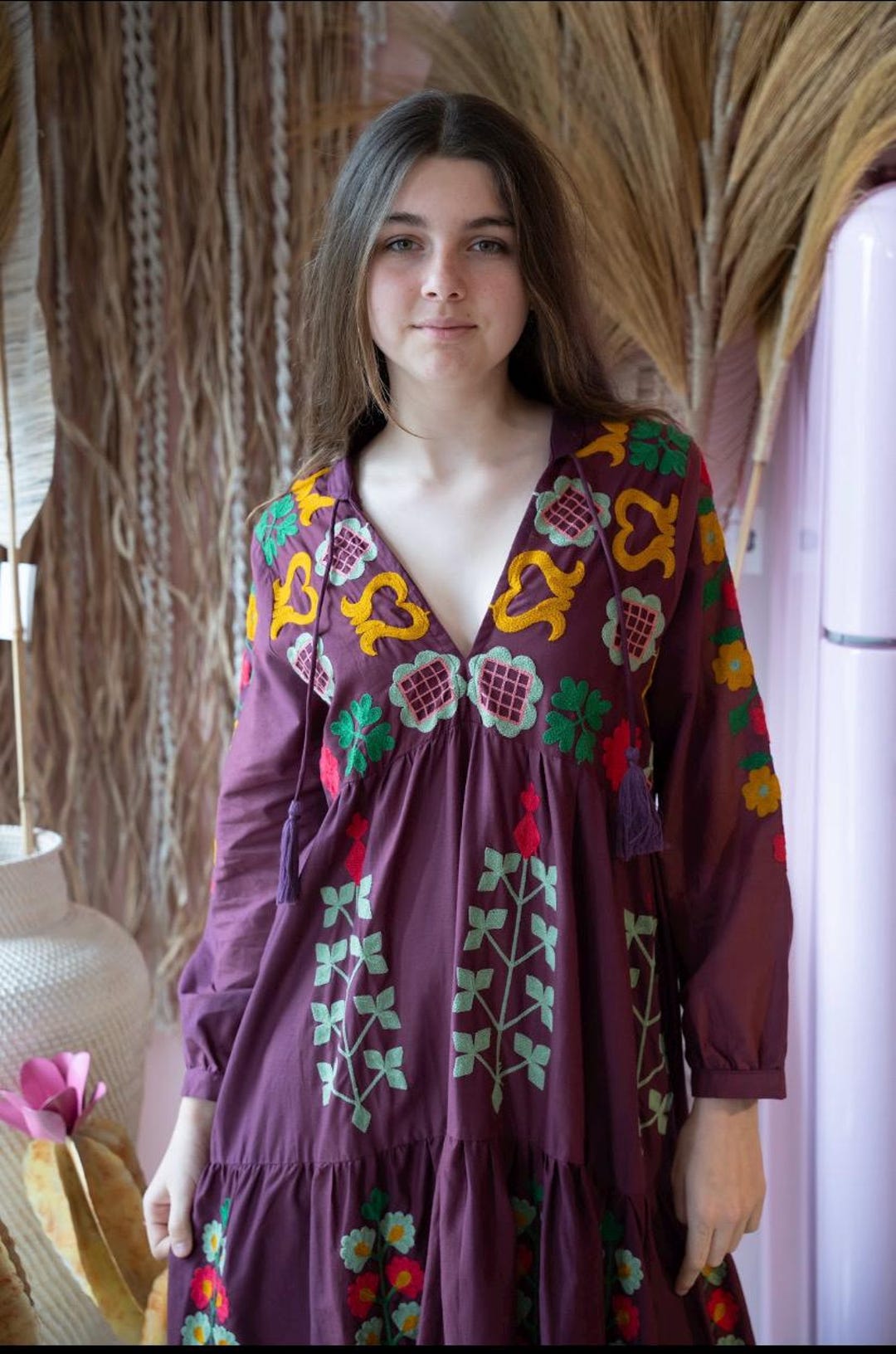 Long Maroon Cotton Bohemian Dress With Sleeves and Beautiful Ikat-style ...
