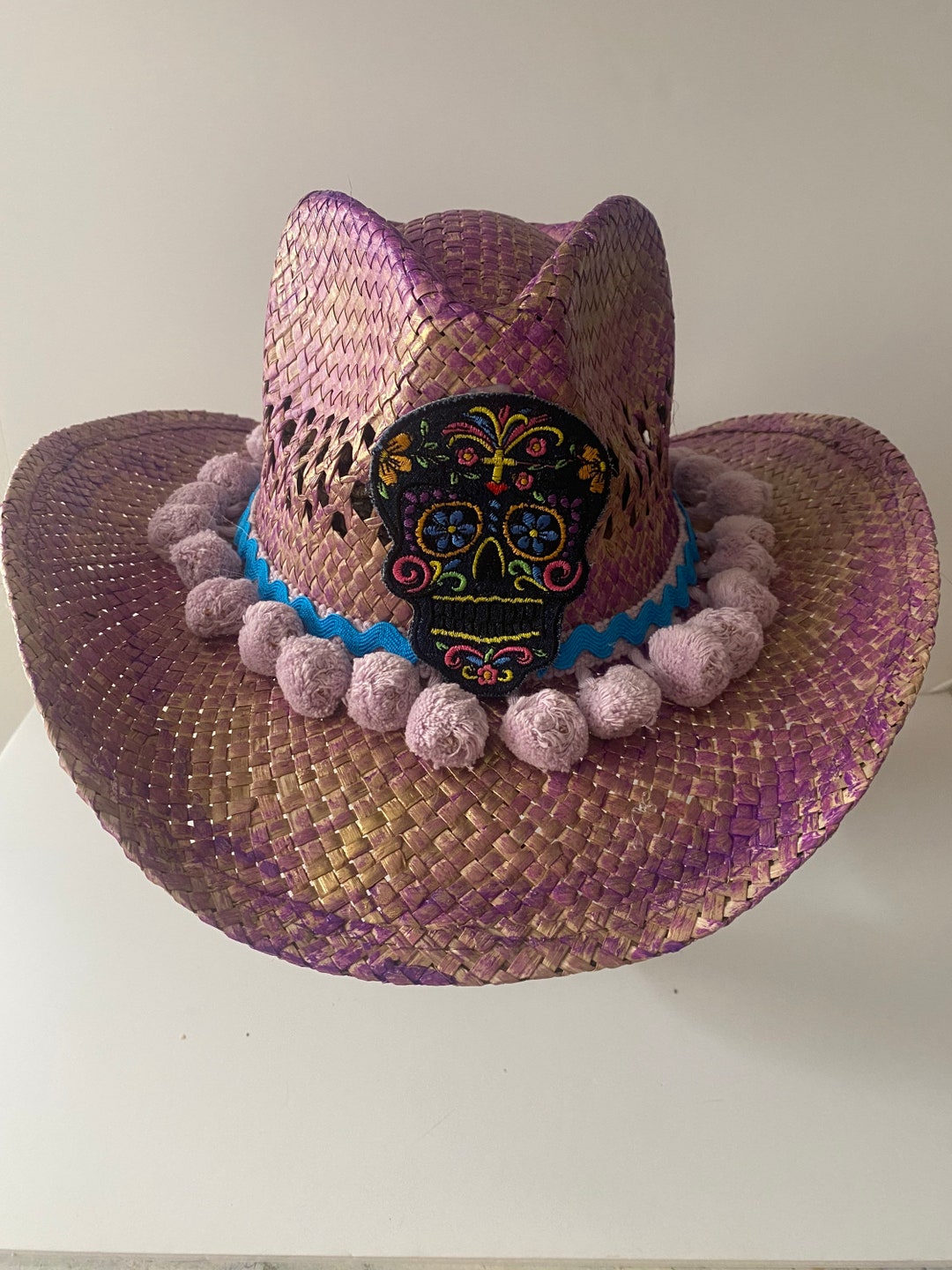 Purple Straw Boho Cowboy Hat With Mexican Skull. Bohemian Pompom Hat ...