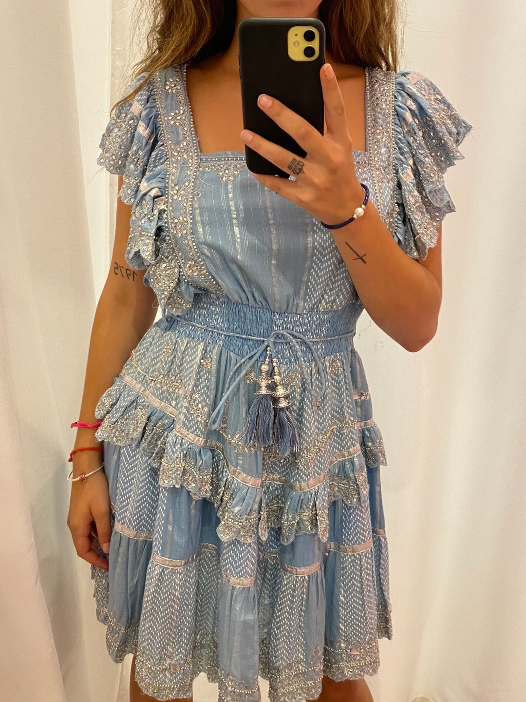 Short Blue Boho Dress. Blue and Silver Boho Dress. Embroidered Boho ...