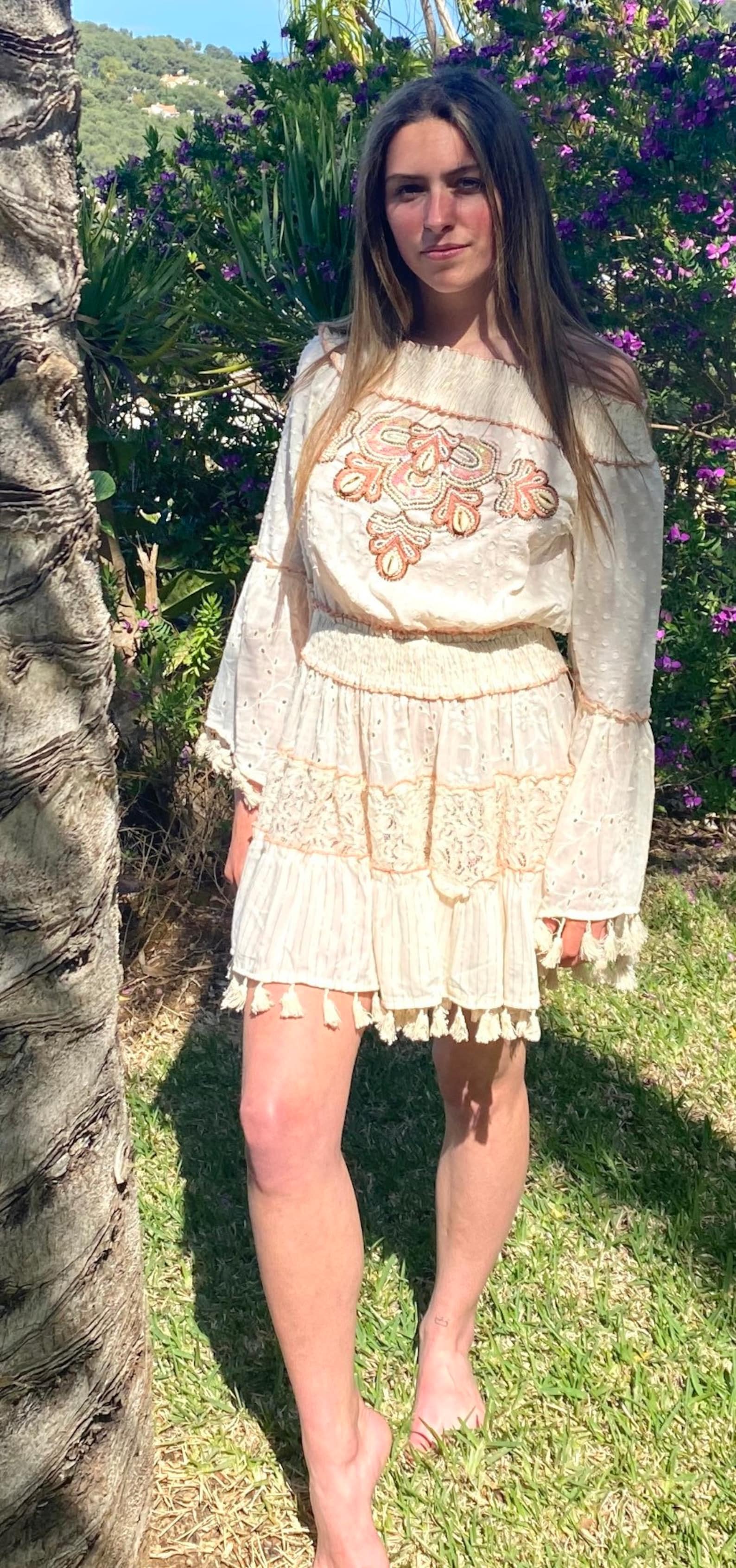 Short dress. gypsy white dress.embroidered long sleeve flared | Etsy