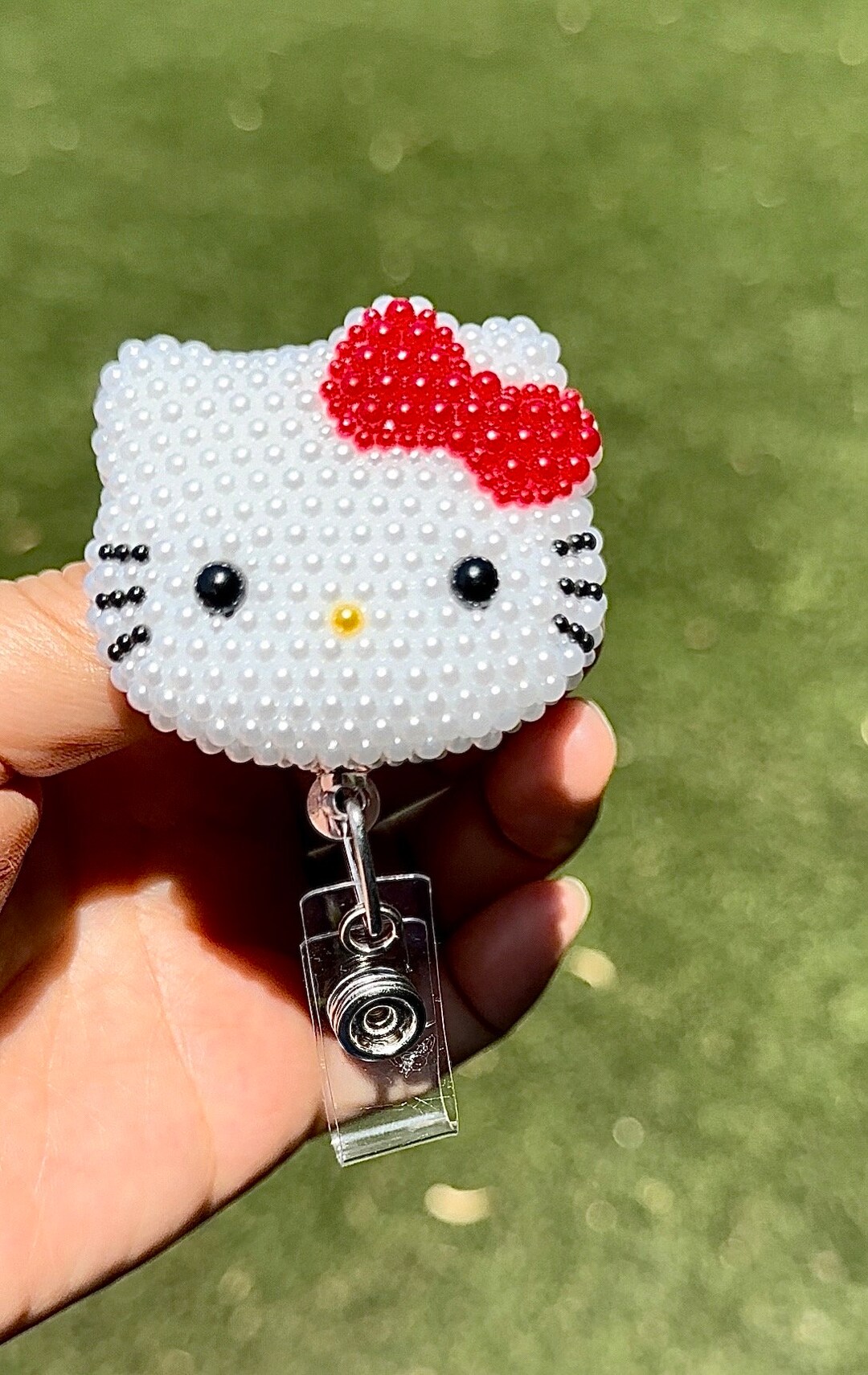 Fully Pearl Blinged Red Bow Kitty Cat - Retractable Badge Reel - Badge ...