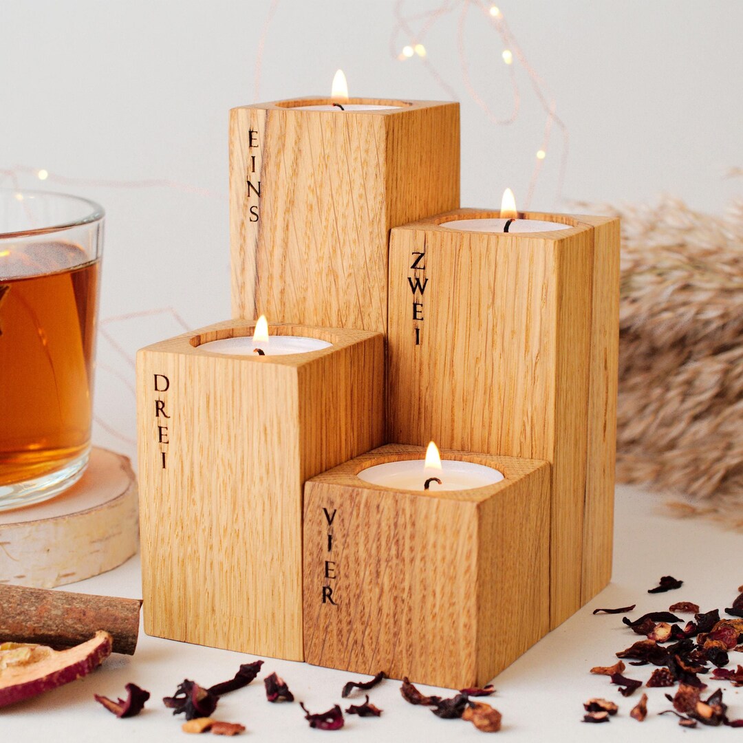 Wooden Advent Wreath, Oak Candlesticks, Advent Arrangement, Engraved ...