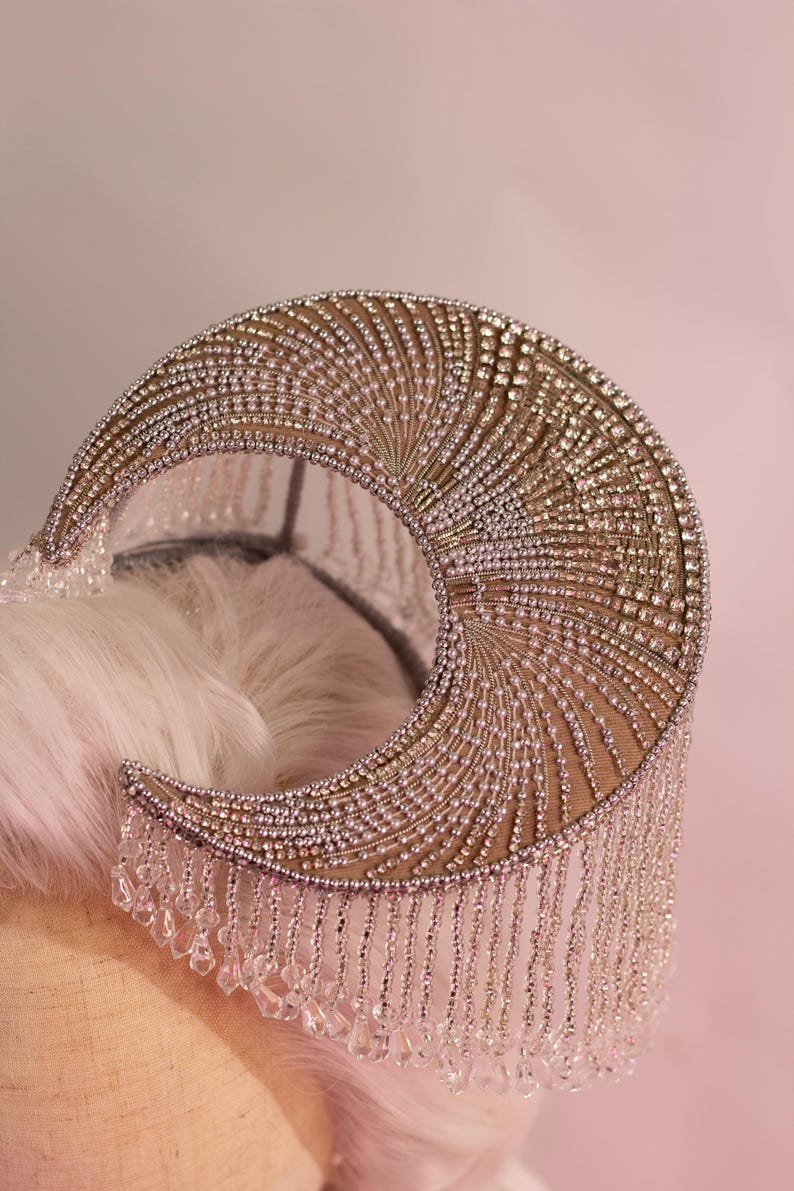 Art Deco Crescent Moon Hand Beaded Headpiece With Fringing and Silver ...