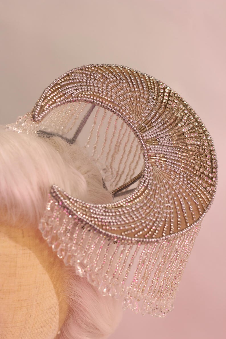 Art Deco Crescent Moon Hand Beaded Headpiece With Fringing and Silver ...