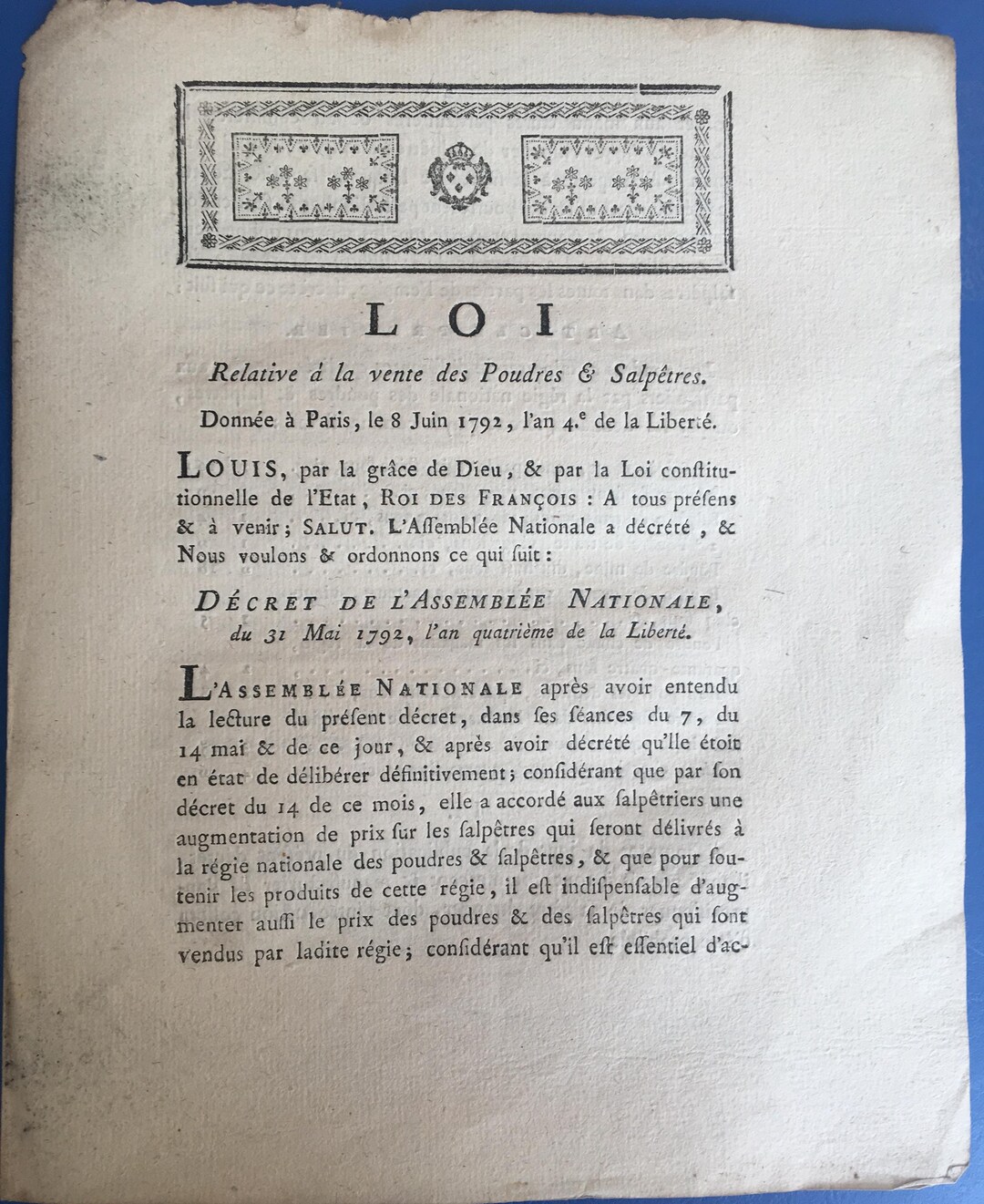 Rare 1792-decree of the King of the French-law : Increase in Price of ...