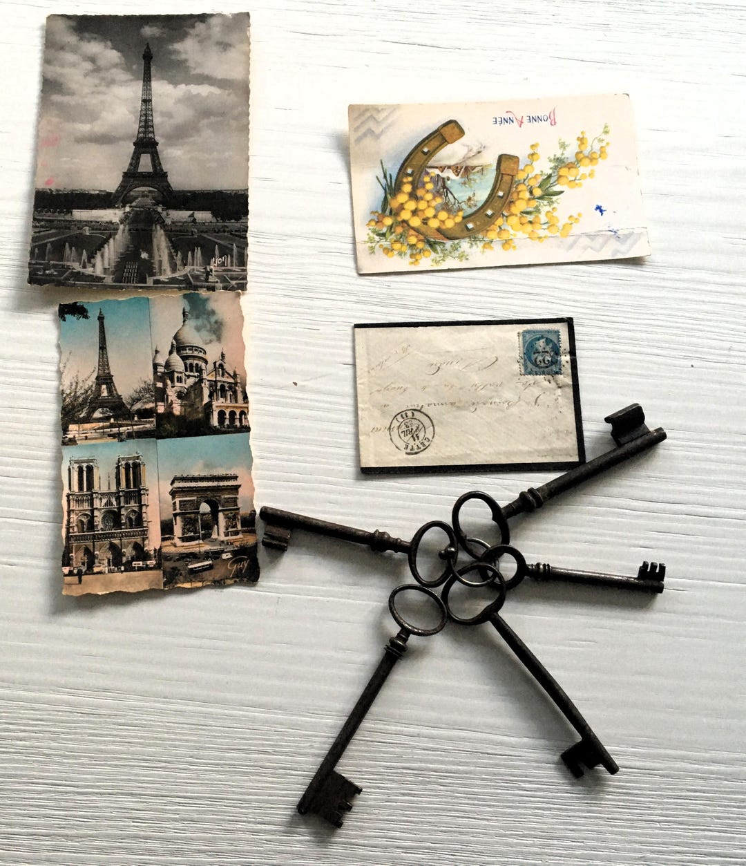5 Antique Keys + Letter From Cette (sète) 1883 + Horseshoe Greeting ...
