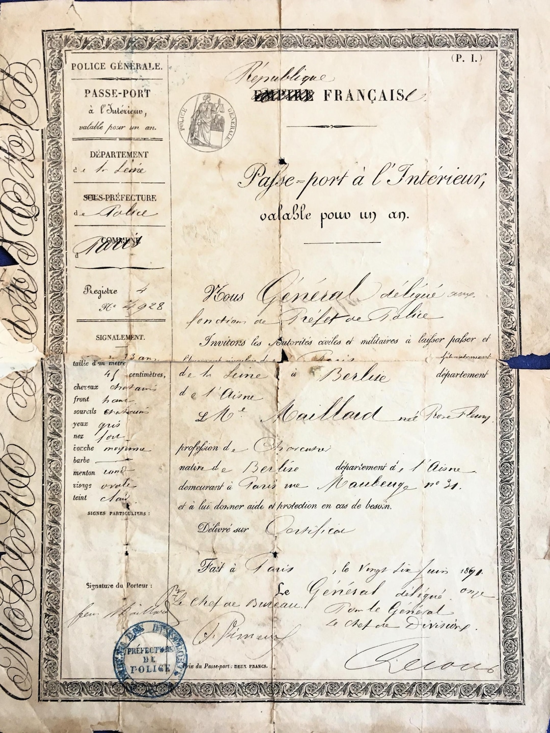 Rare 1891-passport Inside France Police Générale Paris Safe-conduct ...