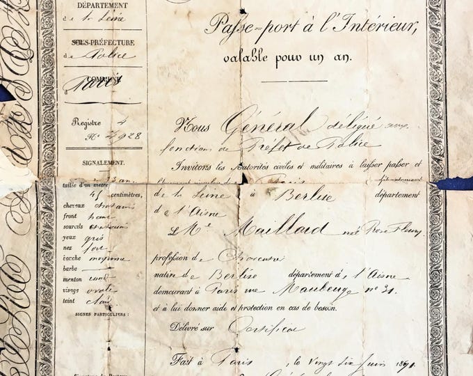 Rare 1891-passport Inside France Police Générale Paris Safe-conduct ...
