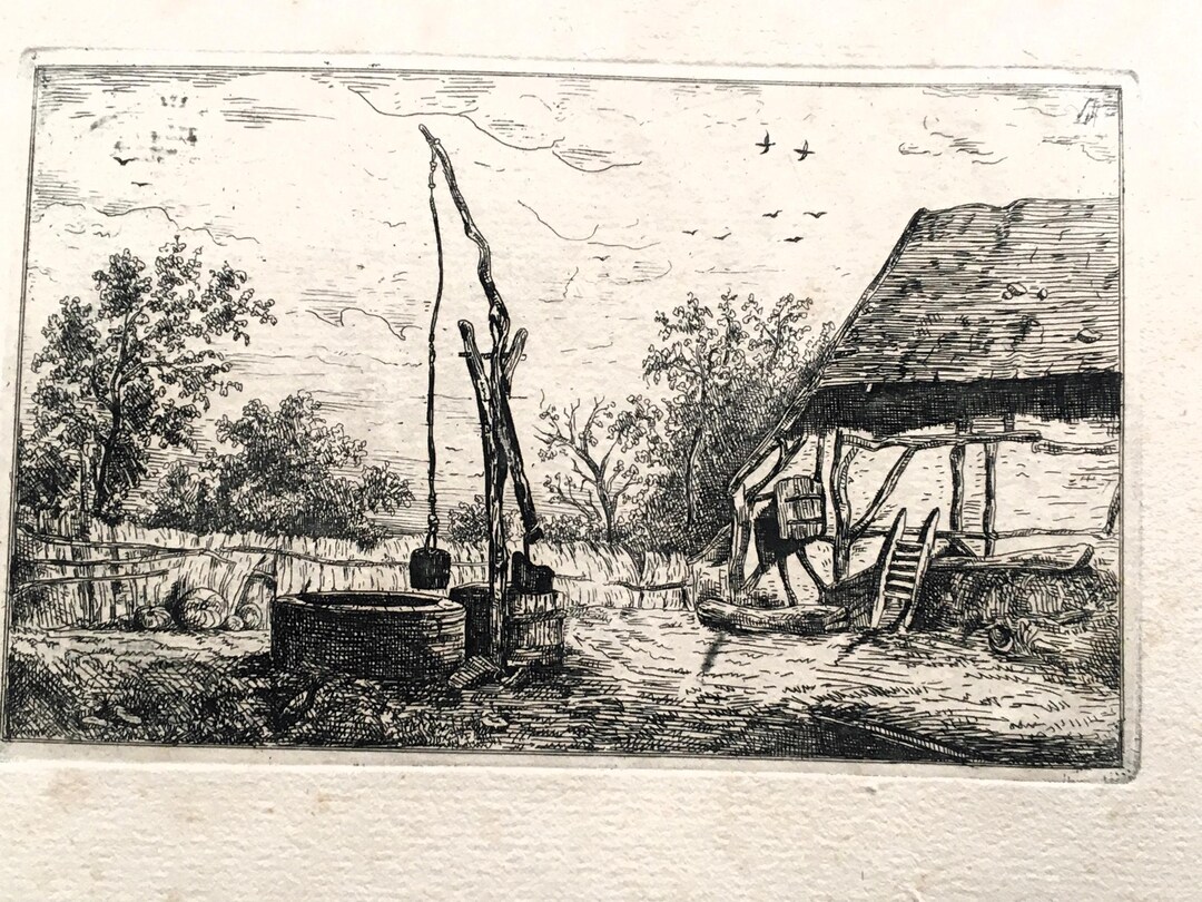 Engraving Antique Original Etching Rural Landscape With Well – 19th ...