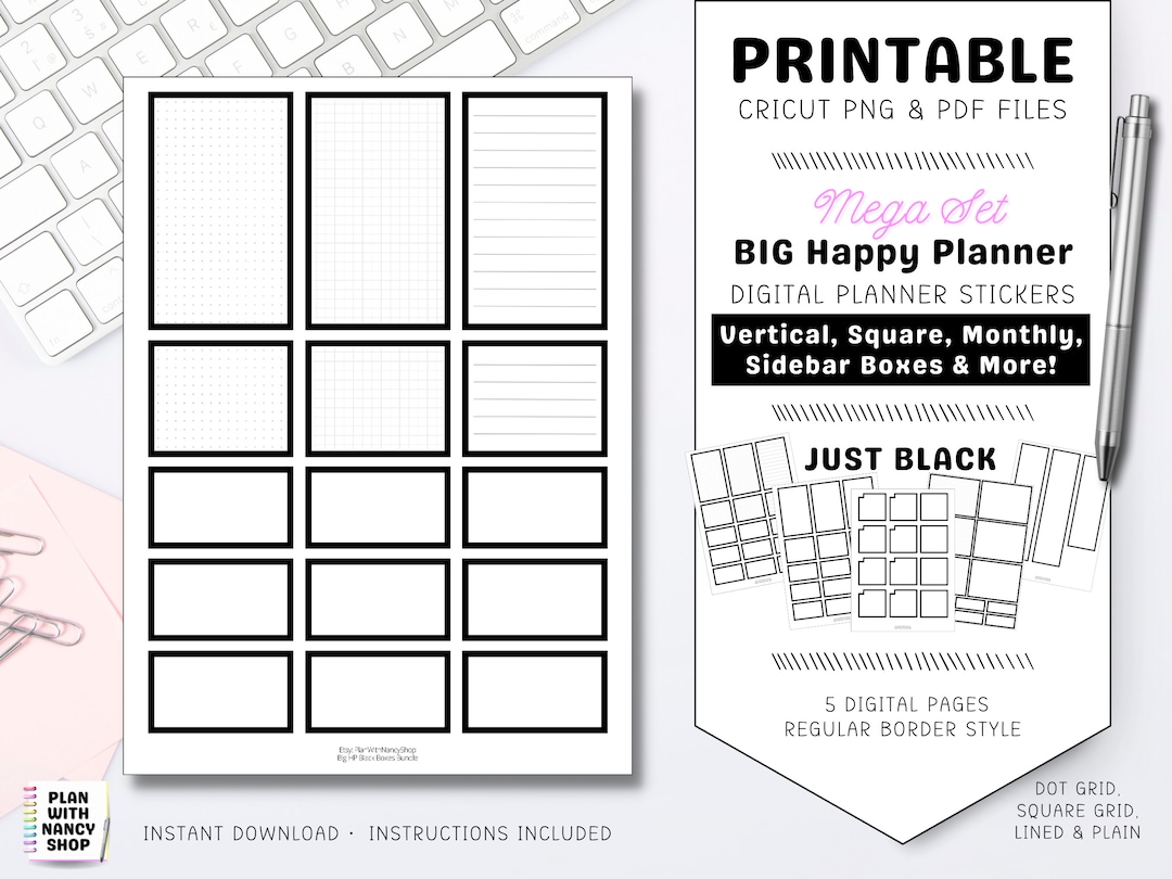 Printable Write on Boxes for Big Happy Planner, Functional Black ...