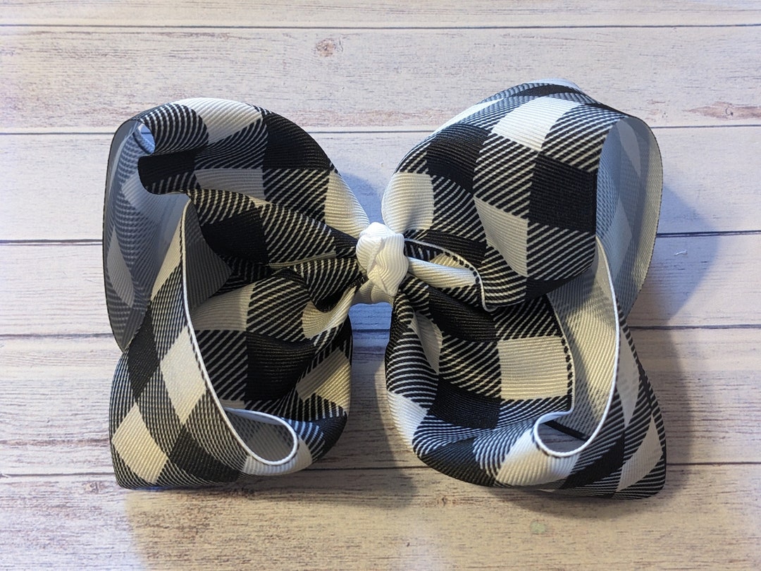 Big White Black Buffalo Plaid Bow, Large Floppy Hair Bow, Accessory for ...