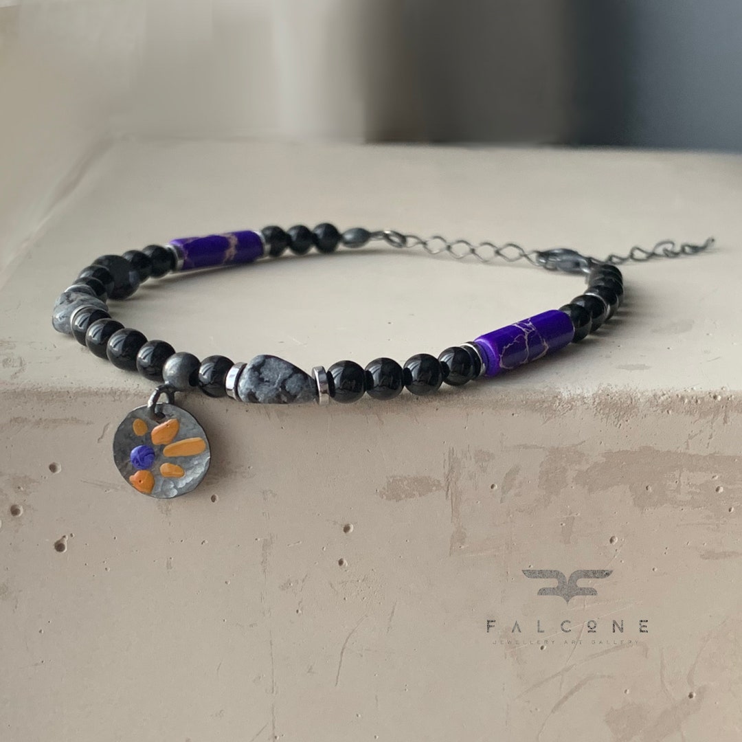Handmade Obsidian & Jasper Bracelet, Sterling Silver Flower Pendant - Etsy