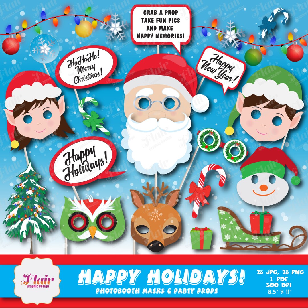 HAPPY HOLIDAYS Photo Booth Masks and Party Props, Christmas, New Year ...