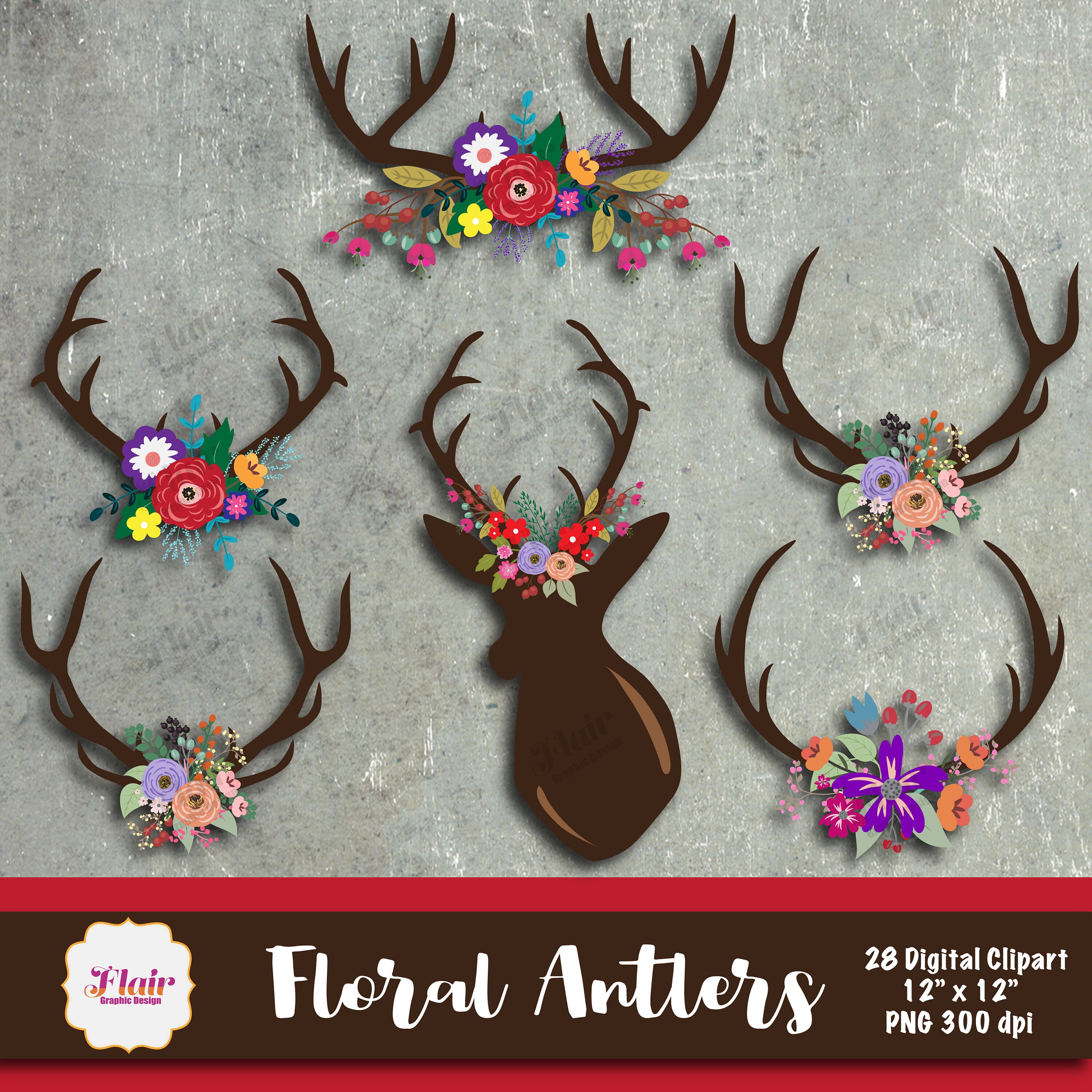Floral Antlers Hand Drawn Flowers Digital Clipart, Deer, Garden Wedding ...